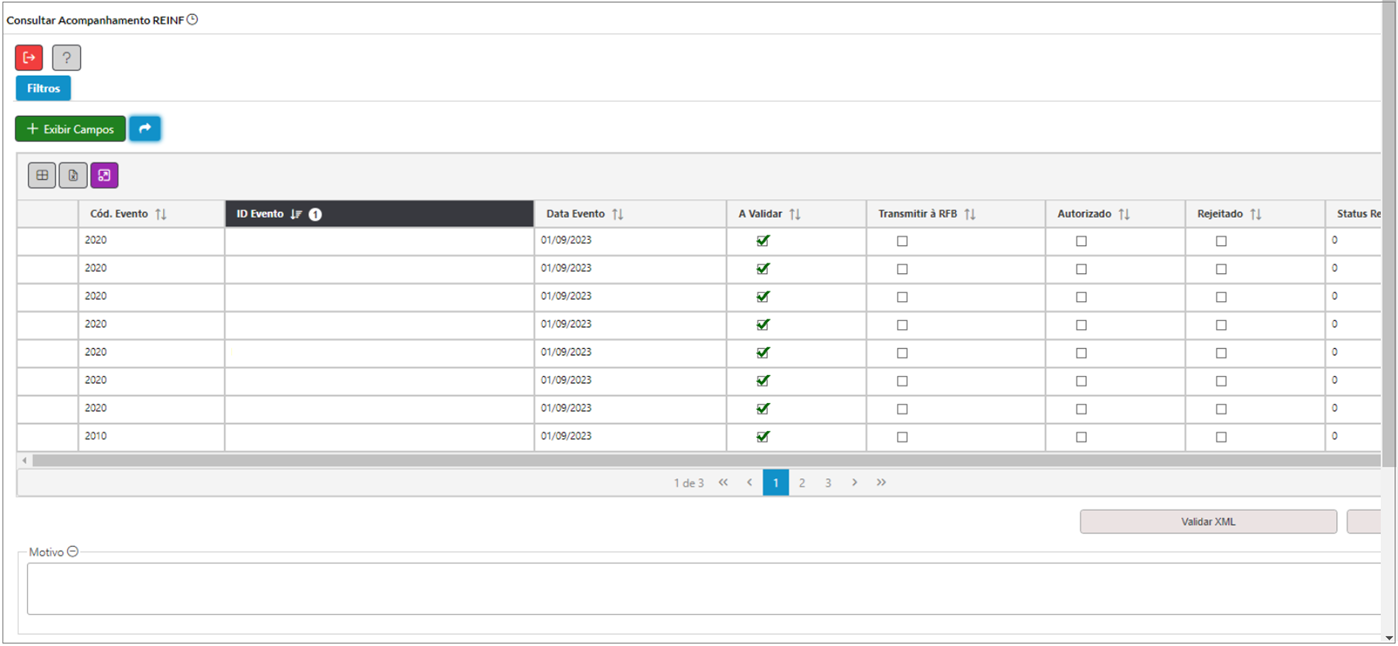 EFD Reinf - Eventos parados na coluna A VALIDAR – ABC71
